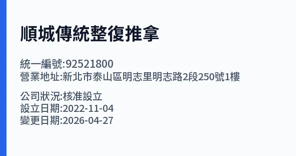 順城傳統整復推拿的照片-統編 92521800(新北市) 公司登記資料與營業項目詳細圖表