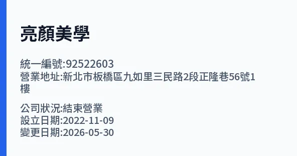 亮顏美學的照片-統編 92522603(新北市) 公司登記資料與營業項目詳細圖表
