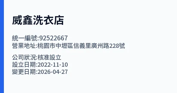 威鑫洗衣店的照片-統編 92522667(桃園市) 公司登記資料與營業項目詳細圖表