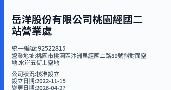 岳洋股份有限公司桃園經國二站營業處的照片-統編 92522815(桃園市) 公司登記資料與營業項目詳細圖表