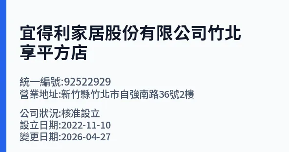 宜得利家居股份有限公司竹北享平方店的照片-統編 92522929(新竹縣) 公司登記資料與營業項目詳細圖表