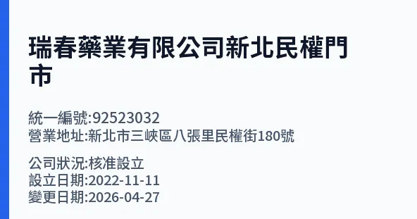 瑞春藥業有限公司新北民權門市的照片-統編 92523032(新北市) 公司登記資料與營業項目詳細圖表