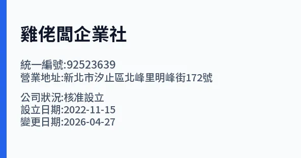 雞佬闆企業社的照片-統編 92523639(新北市) 公司登記資料與營業項目詳細圖表