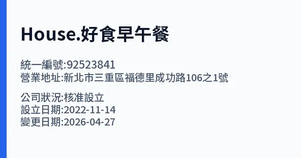 House.好食早午餐的照片-統編 92523841(新北市) 公司登記資料與營業項目詳細圖表