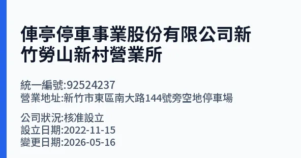俥亭停車事業股份有限公司新竹勞山新村營業所的照片-統編 92524237(新竹市) 公司登記資料與營業項目詳細圖表