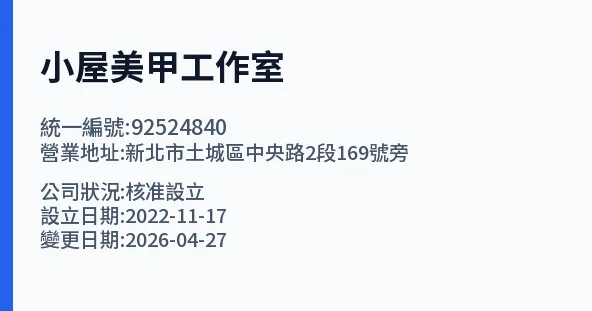 小屋美甲工作室的照片-統編 92524840(新北市) 公司登記資料與營業項目詳細圖表
