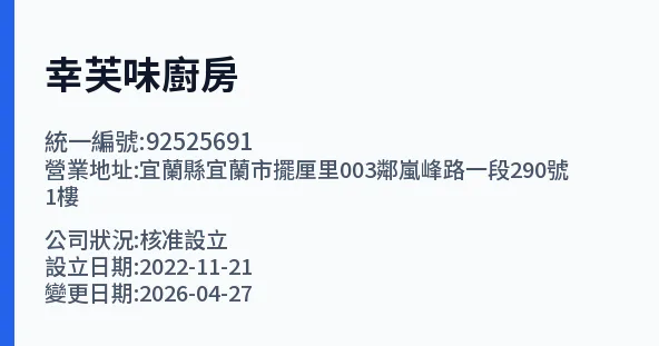 幸芙味廚房的照片-統編 92525691(宜蘭縣) 公司登記資料與營業項目詳細圖表