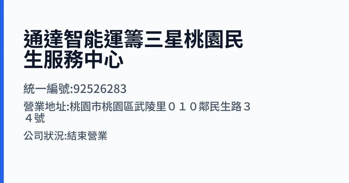 通達智能運籌三星桃園民生服務中心 - 統編 92526283(桃園市) 公司登記資料與營業項目詳細圖表