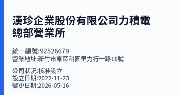 漢珍企業股份有限公司力積電總部營業所的照片-統編 92526679(新竹市) 公司登記資料與營業項目詳細圖表