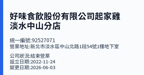 好味食飲股份有限公司起家雞淡水中山分店的照片-統編 92527071(新北市) 公司登記資料與營業項目詳細圖表