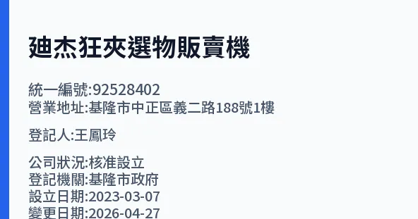廸杰狂夾選物販賣機的照片-統編 92528402(基隆市) 公司登記資料與營業項目詳細圖表