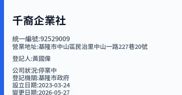 千裔企業社的照片-統編 92529009(基隆市) 公司登記資料與營業項目詳細圖表