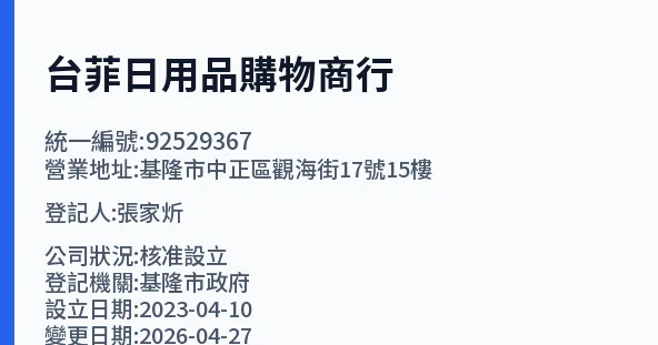 台菲日用品購物商行的照片-統編 92529367(基隆市) 公司登記資料與營業項目詳細圖表