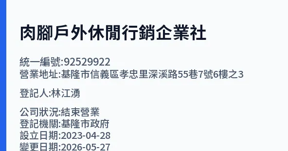 肉腳戶外休閒行銷企業社的照片-統編 92529922(基隆市) 公司登記資料與營業項目詳細圖表