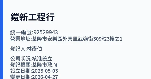 鎧新工程行的照片-統編 92529943(基隆市) 公司登記資料與營業項目詳細圖表