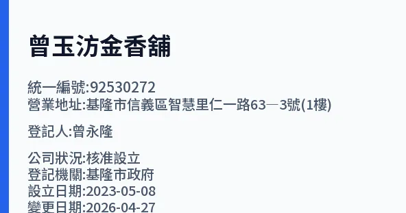 曾玉汸金香舖的照片-統編 92530272(基隆市) 公司登記資料與營業項目詳細圖表