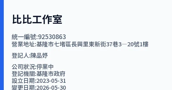 比比工作室的照片-統編 92530863(基隆市) 公司登記資料與營業項目詳細圖表