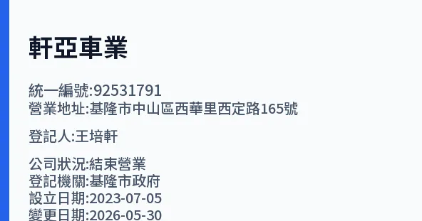 軒亞車業的照片-統編 92531791(基隆市) 公司登記資料與營業項目詳細圖表