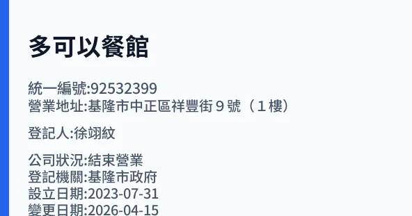 多可以餐館的照片-統編 92532399(基隆市) 公司登記資料與營業項目詳細圖表