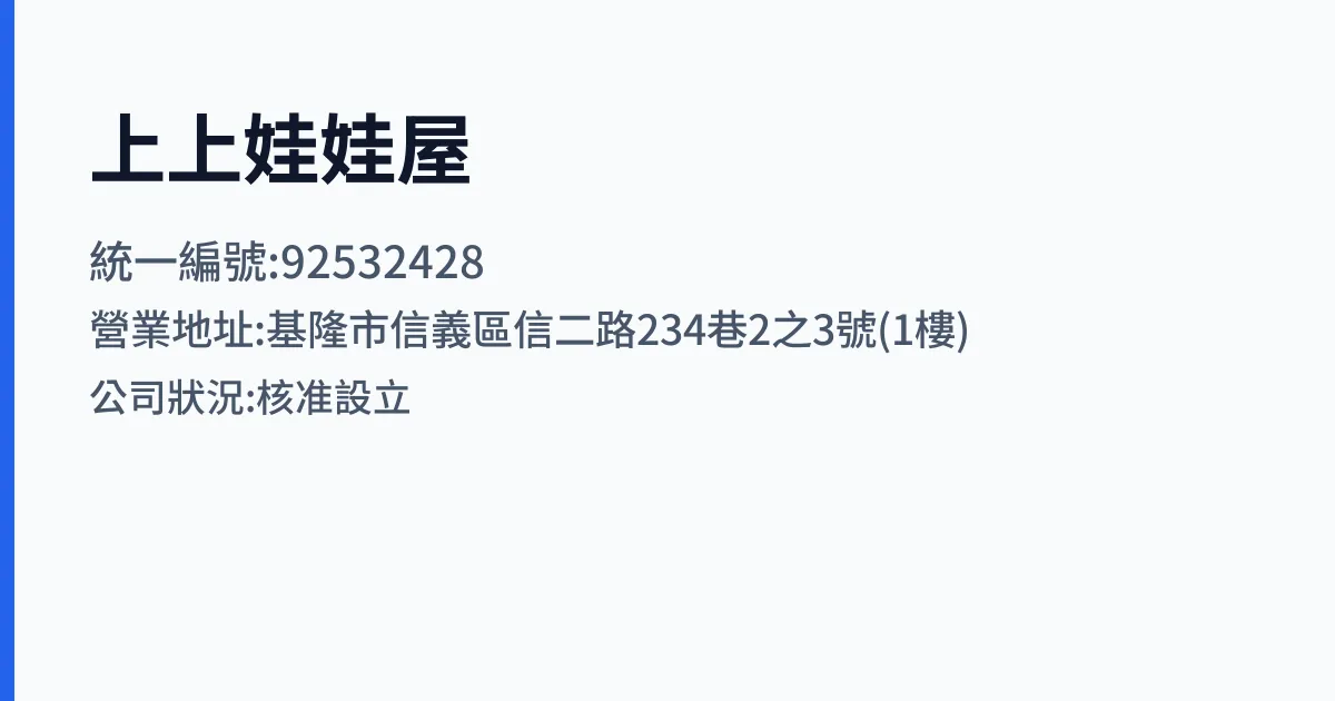 上上娃娃屋 - 統編 92532428(基隆市) 公司登記資料與營業項目詳細圖表