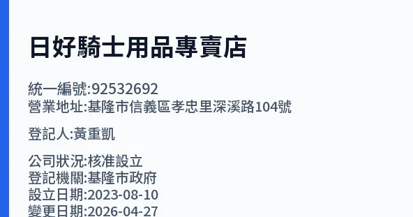 日好騎士用品專賣店的照片-統編 92532692(基隆市) 公司登記資料與營業項目詳細圖表