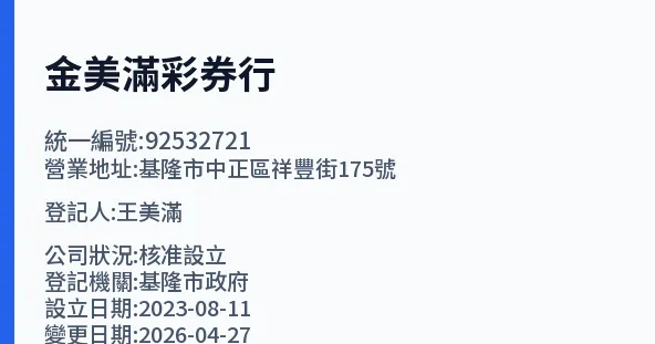 金美滿彩券行的照片-統編 92532721(基隆市) 公司登記資料與營業項目詳細圖表