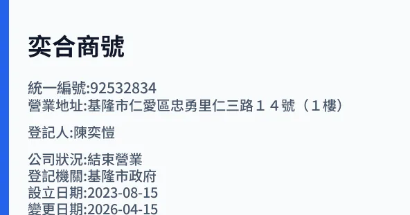 奕合商號的照片-統編 92532834(基隆市) 公司登記資料與營業項目詳細圖表