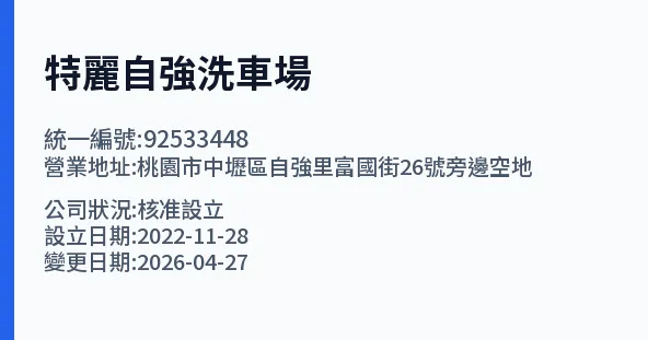 特麗自強洗車場的照片-統編 92533448(桃園市) 公司登記資料與營業項目詳細圖表
