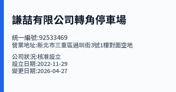 謙喆有限公司轉角停車場的照片-統編 92533469(新北市) 公司登記資料與營業項目詳細圖表