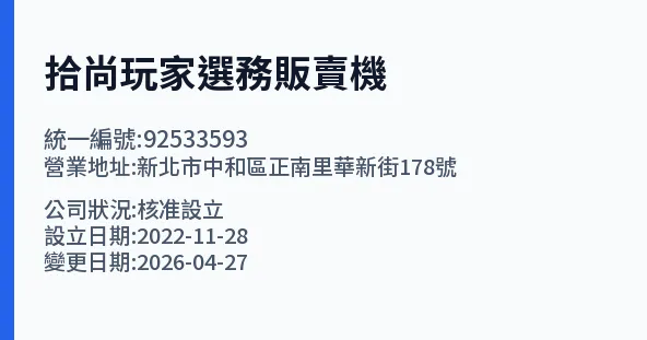 拾尚玩家選務販賣機的照片-統編 92533593(新北市) 公司登記資料與營業項目詳細圖表