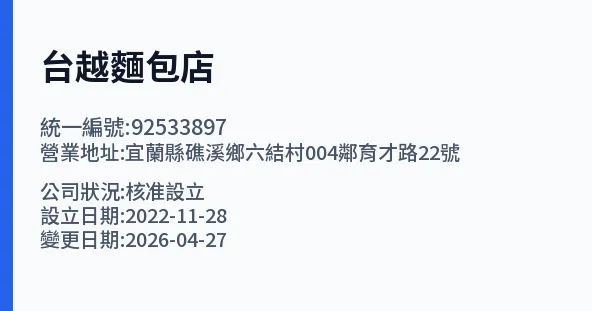 台越麵包店的照片-統編 92533897(宜蘭縣) 公司登記資料與營業項目詳細圖表