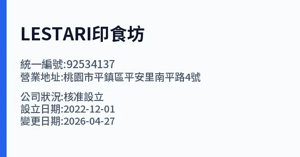 LESTARI印食坊的照片-統編 92534137(桃園市) 公司登記資料與營業項目詳細圖表