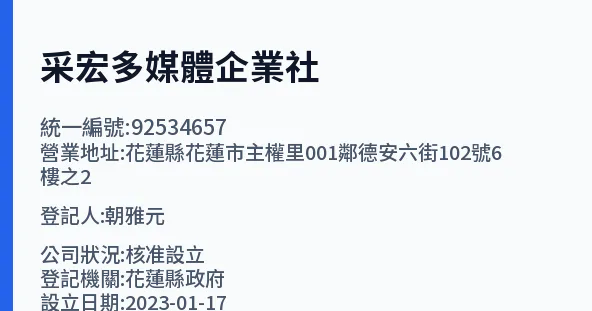 采宏多媒體企業社的照片-統編 92534657(花蓮縣) 公司登記資料與營業項目詳細圖表