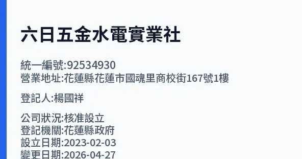 六日五金水電實業社的照片-統編 92534930(花蓮縣) 公司登記資料與營業項目詳細圖表