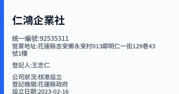 仁鴻企業社的照片-統編 92535311(花蓮縣) 公司登記資料與營業項目詳細圖表