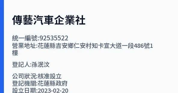 傳藝汽車企業社的照片-統編 92535522(花蓮縣) 公司登記資料與營業項目詳細圖表