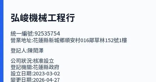 弘峻機械工程行的照片-統編 92535754(花蓮縣) 公司登記資料與營業項目詳細圖表