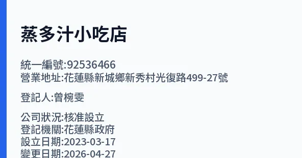 蒸多汁小吃店的照片-統編 92536466(花蓮縣) 公司登記資料與營業項目詳細圖表