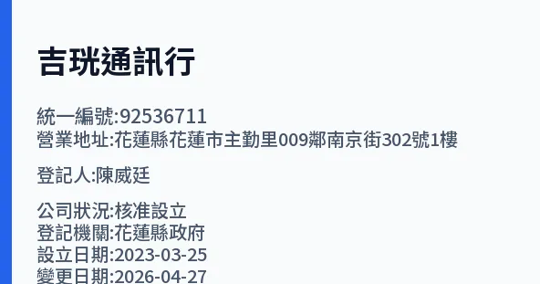吉珖通訊行的照片-統編 92536711(花蓮縣) 公司登記資料與營業項目詳細圖表