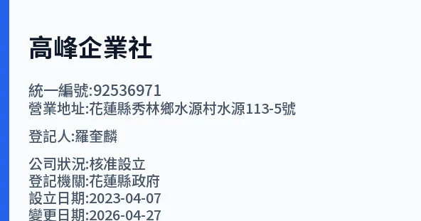 高峰企業社的照片-統編 92536971(花蓮縣) 公司登記資料與營業項目詳細圖表