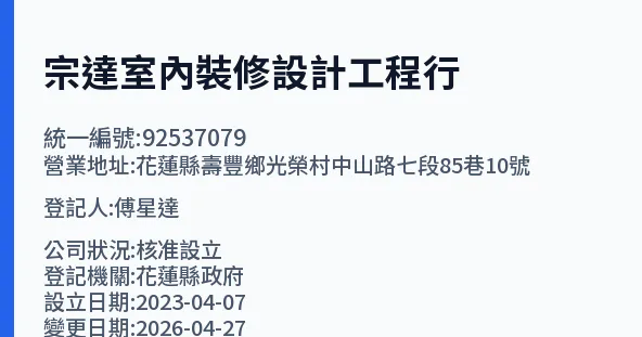 宗達室內裝修設計工程行的照片-統編 92537079(花蓮縣) 公司登記資料與營業項目詳細圖表