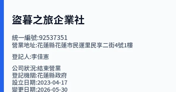 盜暮之旅企業社的照片-統編 92537351(花蓮縣) 公司登記資料與營業項目詳細圖表