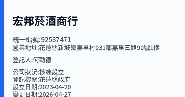 宏邦菸酒商行的照片-統編 92537471(花蓮縣) 公司登記資料與營業項目詳細圖表