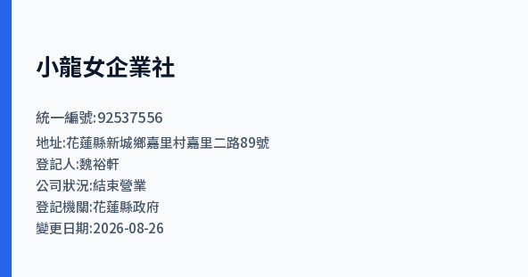 小龍女企業社的照片-統編 92537556(花蓮縣) 公司登記資料與營業項目詳細圖表
