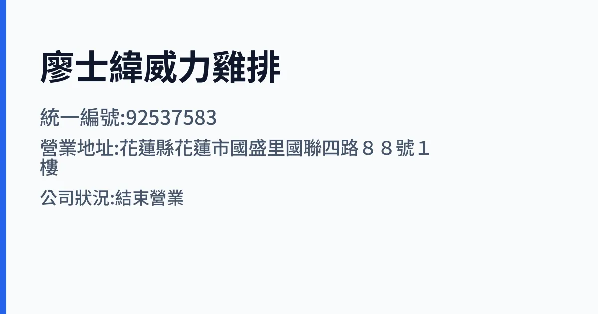 廖士緯威力雞排 - 統編 92537583(花蓮縣) 公司登記資料與營業項目詳細圖表