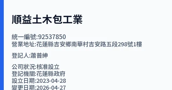 順益土木包工業的照片-統編 92537850(花蓮縣) 公司登記資料與營業項目詳細圖表