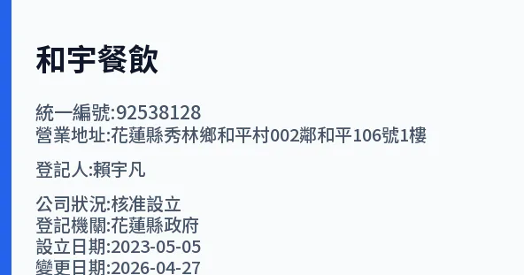 和宇餐飲的照片-統編 92538128(花蓮縣) 公司登記資料與營業項目詳細圖表