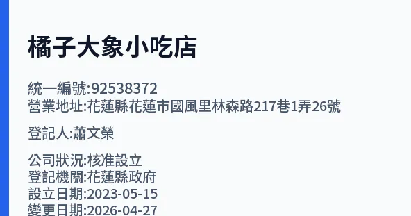 橘子大象小吃店的照片-統編 92538372(花蓮縣) 公司登記資料與營業項目詳細圖表