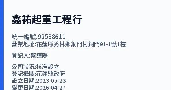 鑫祐起重工程行的照片-統編 92538611(花蓮縣) 公司登記資料與營業項目詳細圖表