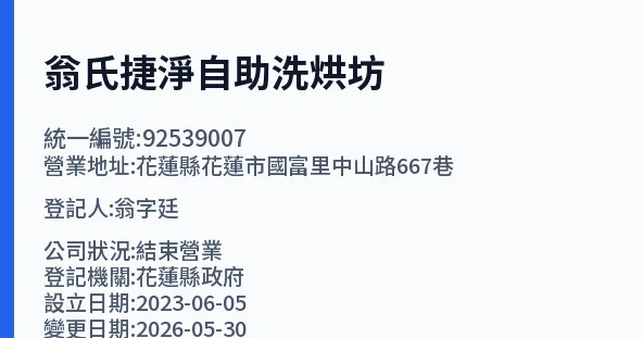 翁氏捷淨自助洗烘坊的照片-統編 92539007(花蓮縣) 公司登記資料與營業項目詳細圖表